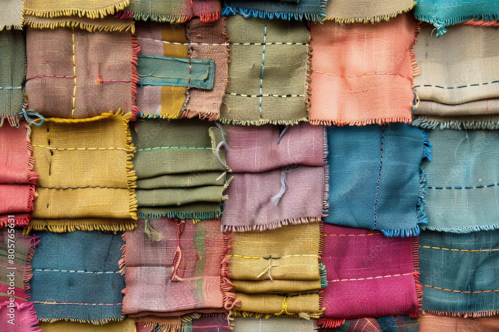 Textured surface of vintage fabric swatches, showcasing retro patterns ...