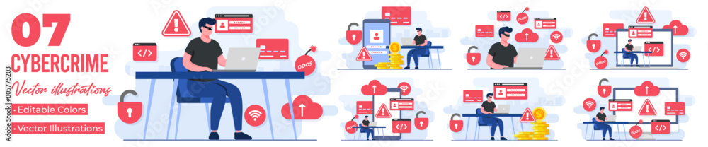 Set of flat illustrations of cybercrime, Fraud scam, Hacker steal ...