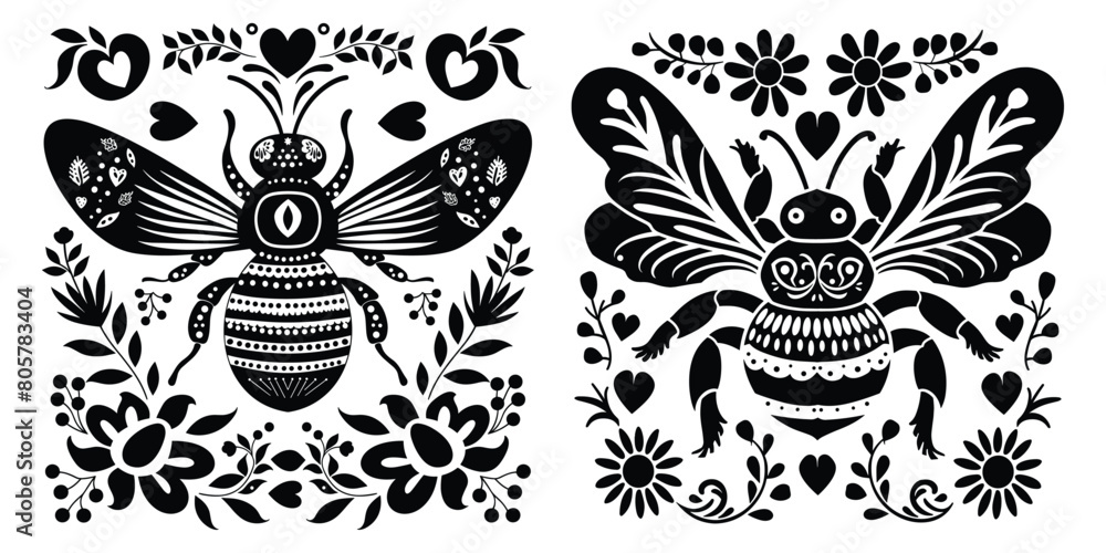 Vetor de Cute folk art bee. bee with flower, vector illustration flat ...