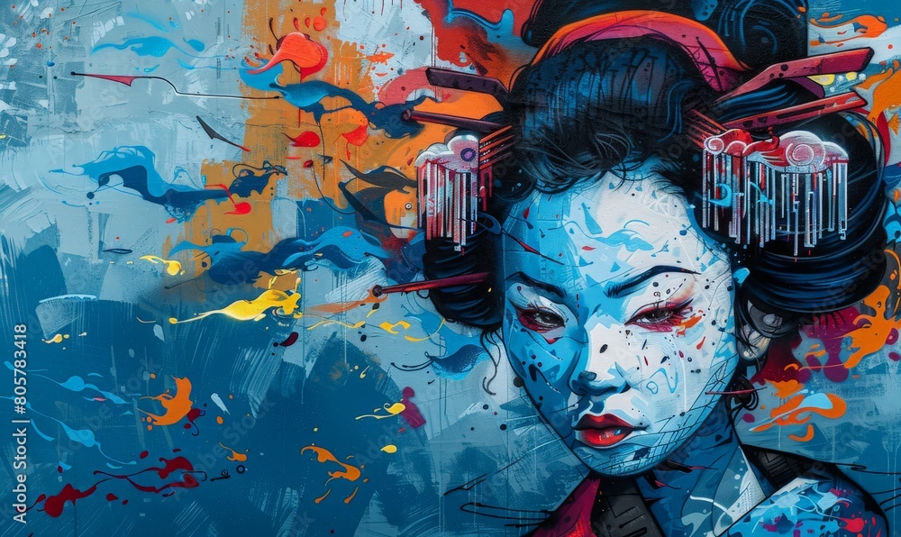 abstract face of a blue geisha - graffiti art Stock Illustration ...