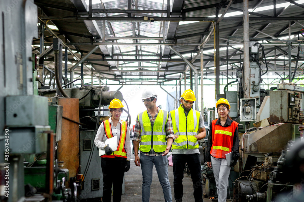 Group of industrial foreman engineer and workers with helmet and safety ...