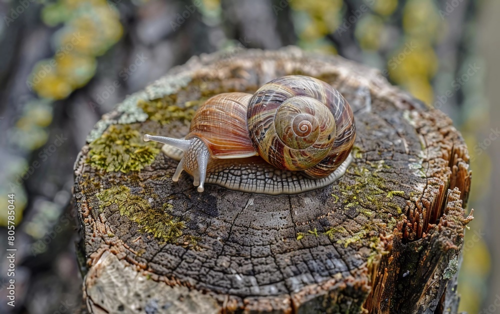 Burgundy snail (Helix, escargot) on the surface of an old stump with ...