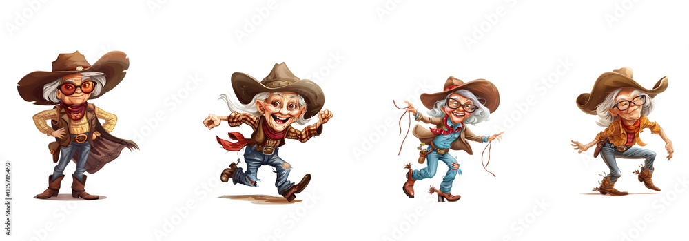 Funny cowboy cartoon with different angles set on a transparent ...