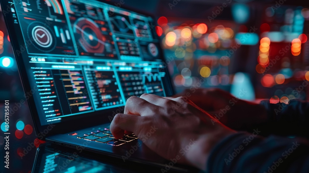 Office workers use their hands to type on a keyboard and view data ...
