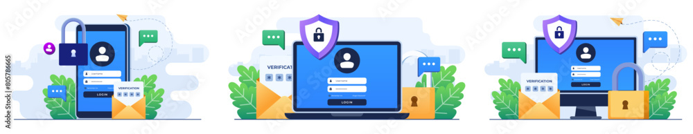 Set of flat illustrations of two-step verification, OTP, Authentication ...