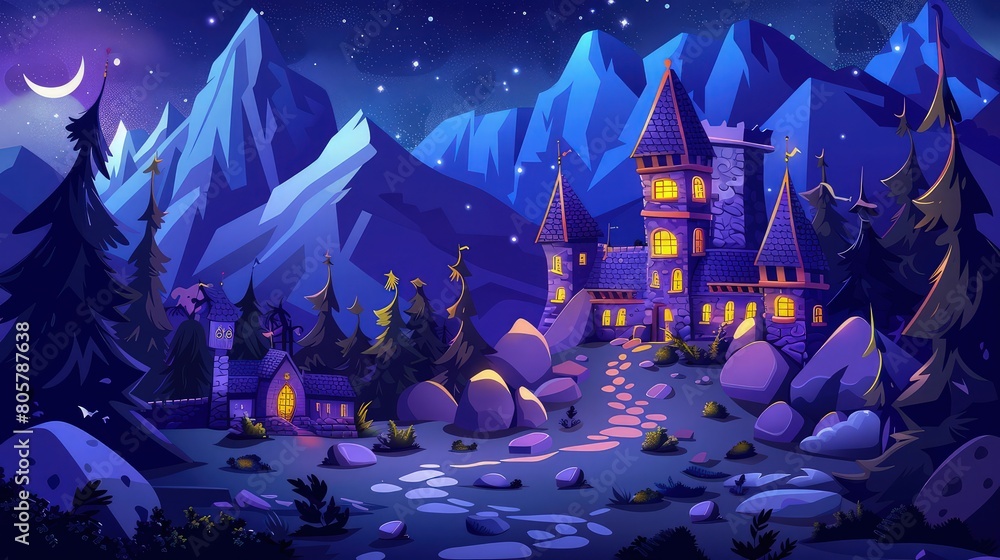 An enchanting night view of a medieval castle perched atop a snowy hill ...