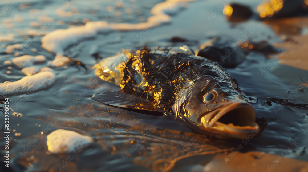 The devastating impact on the environment. A dead fish with its mouth ...