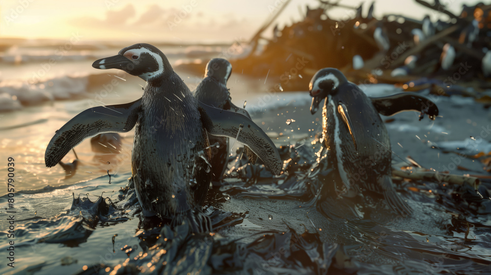 Three penguins, smeared with oil, are trying to get out of dirty sea ...