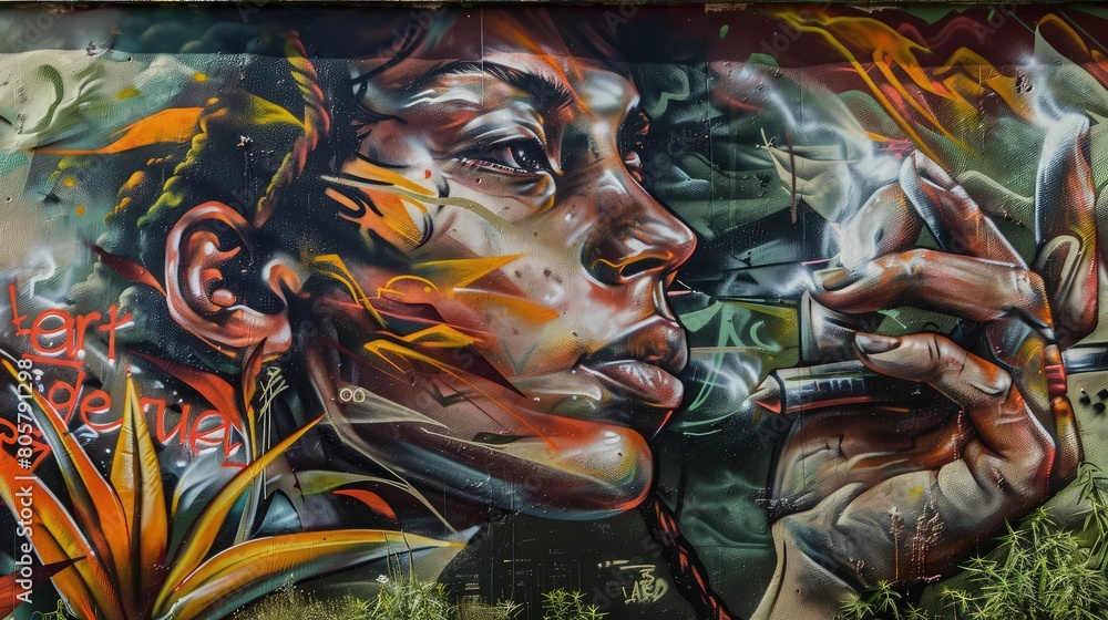 Against a backdrop of concrete, a striking mural of paint graffiti ...