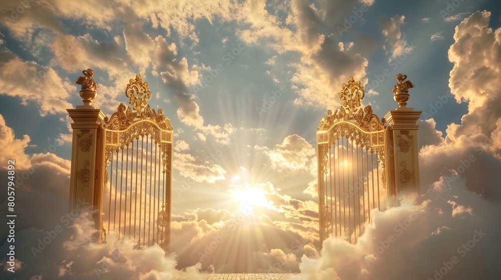 Golden Gates of heaven with sunshine in clouds. Stairway to heaven in ...