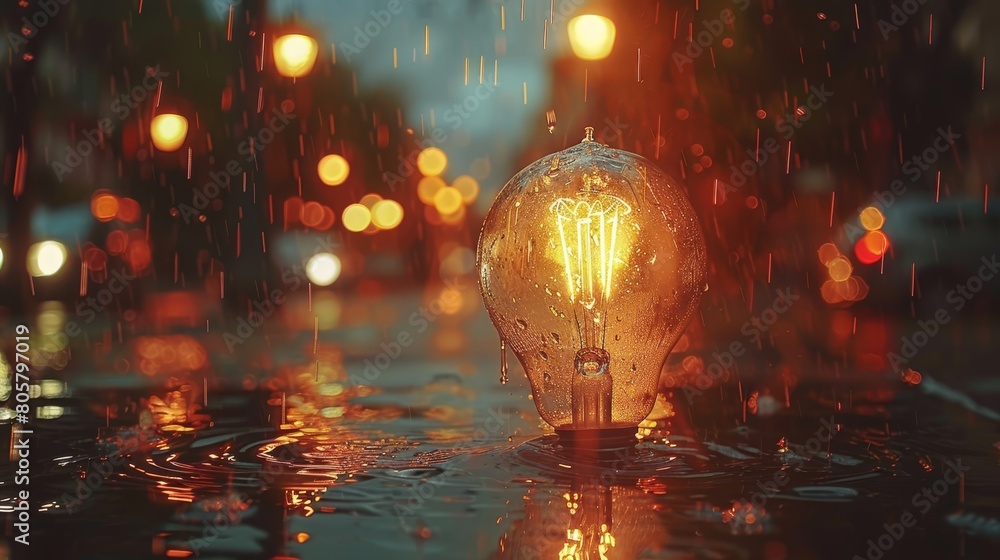 A light bulb sits in a puddle, rainwater surrounding it on a rainy day ...