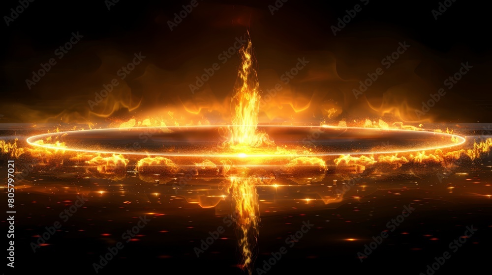 A fire ring in the midst of a large body of water, engulfing its center ...