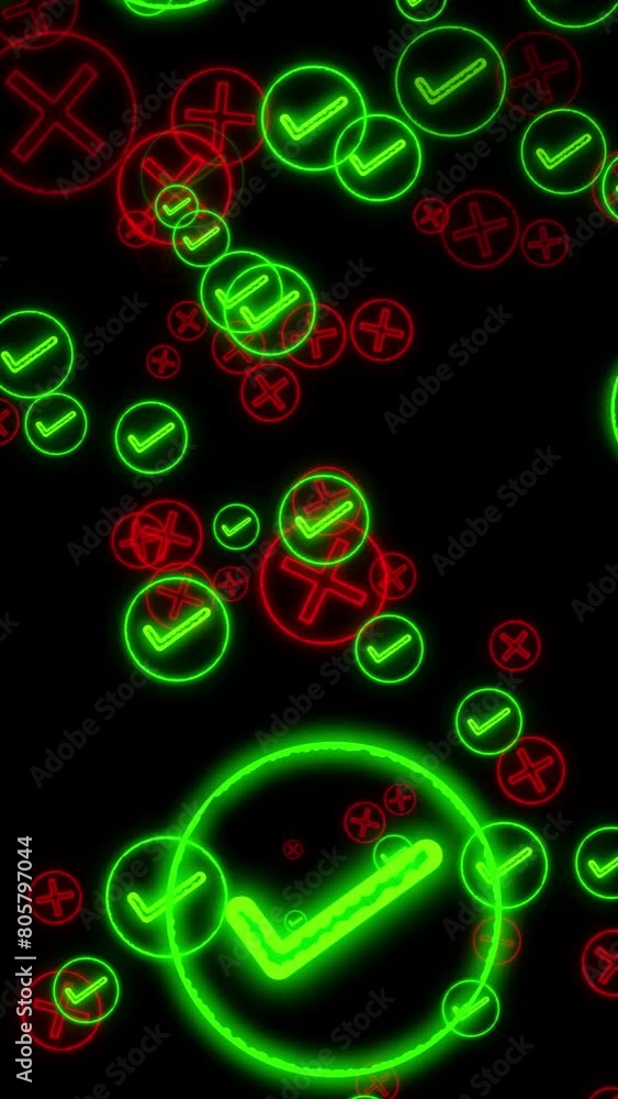 neon light effect right and wrong symbol falling vertical animation on ...