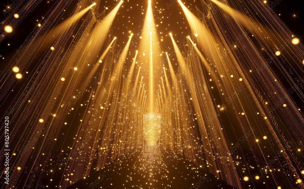 The background of the award ceremony stage is a dark gold, with golden ...