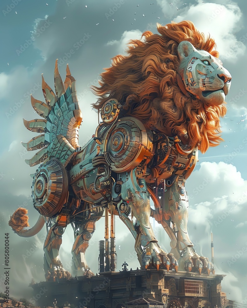 Steam machinery emulating the intricate design of a majestic lion with ...