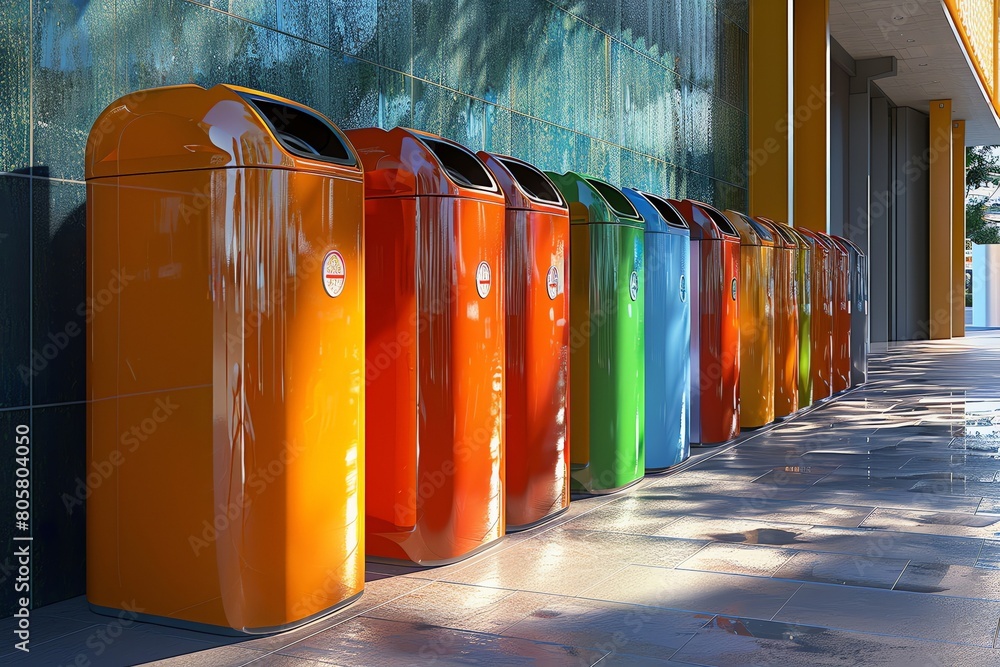 sleek lines and vibrant colors of recycling bins in a modern ...