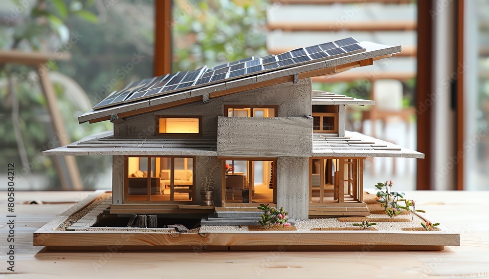clay sculpture of a modern house with solar panels on the roof ...