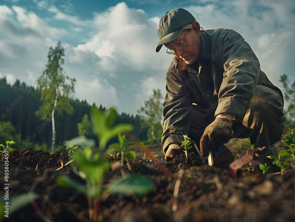 Male volunteer planting trees in forest. Man working in forest for ...