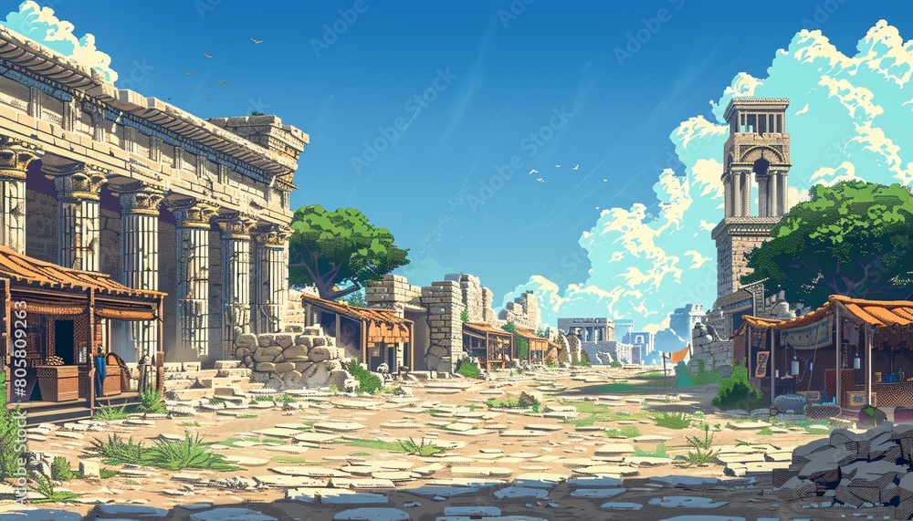 pixel art masterpiece showing a wide-angle perspective of a virtual ...