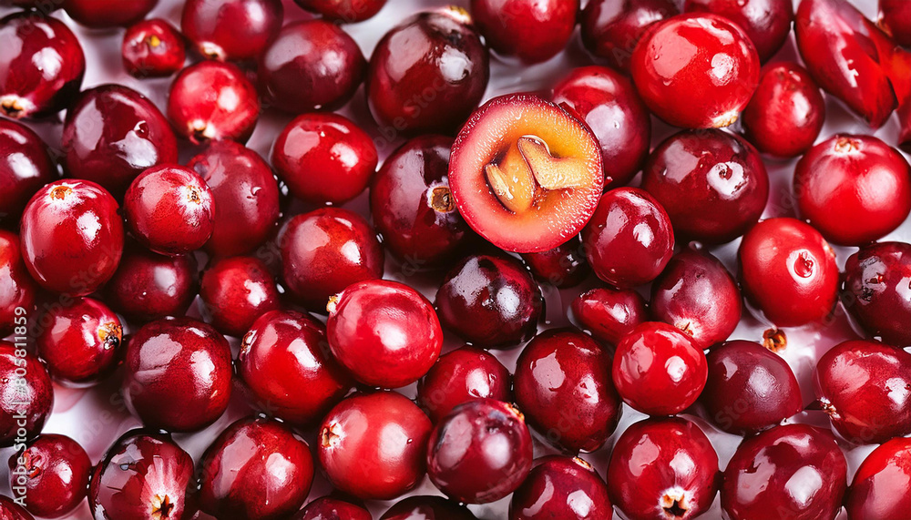 Flat lay of cranberry texture with slice, Top view of fruits concept ...