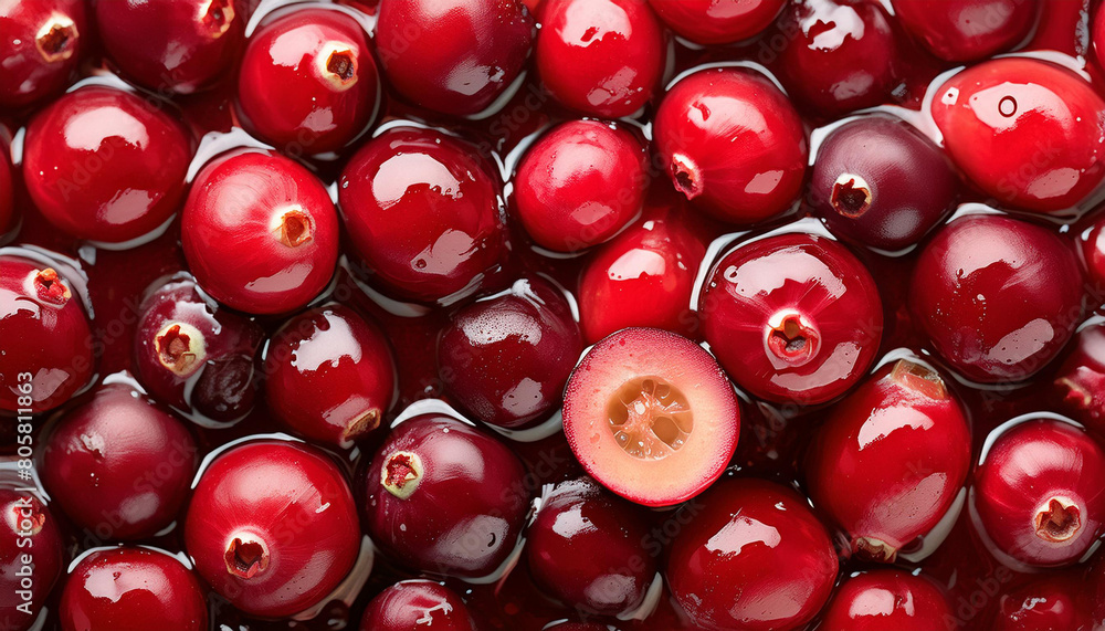 Flat lay of cranberry texture with slice, Top view of fruits concept ...