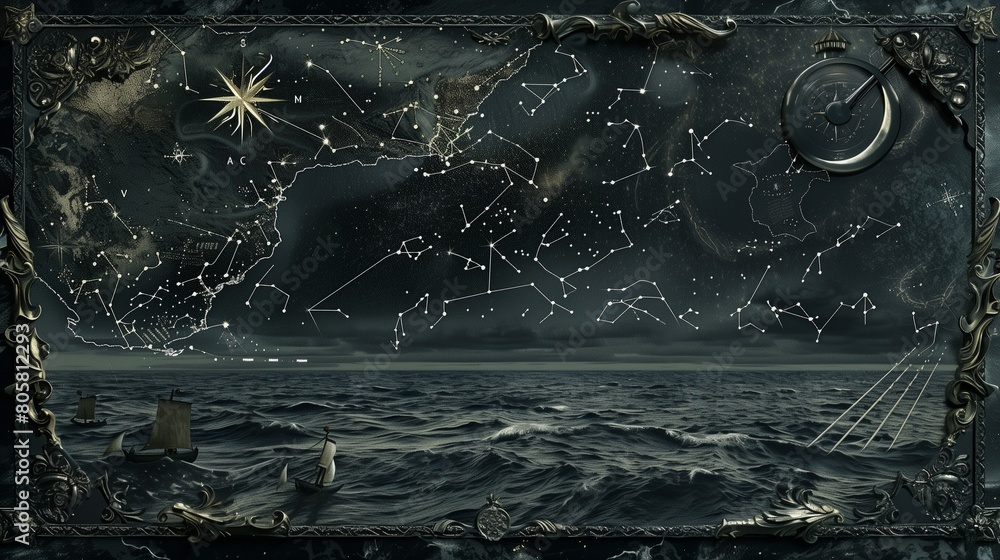 Dark Gothic-style sea map with silver inlays depicting star ...