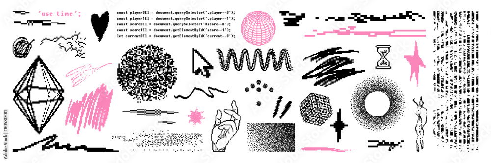 Graphic pixel shape asset pack. Trendy bitmap geometric element for ...