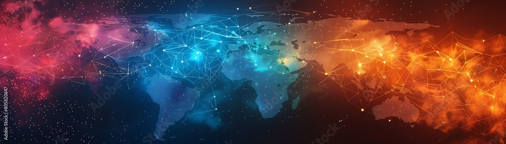 Virtual world map, eyelevel, in a spectrum of neon colors, dynamic ...