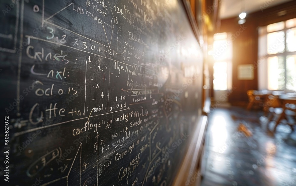 Imagine a detailed photograph of a chalkboard covered in complex, hand ...