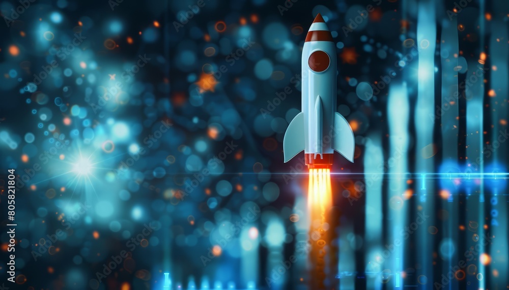 Rocket and bar graph illustrates a startups rapid growth trajectory ...