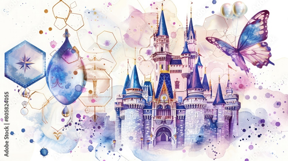 Fortress with kingly fluids, royal symbols, a monarch butterfly, ruler ...