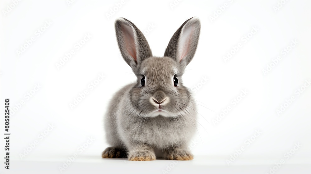 Charming image of a small grey rabbit with lop ears, looking curiously ...