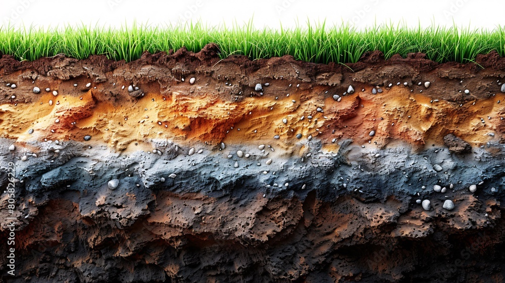 Illustration of underground soil layers and vegetation with organic matter, sand, and clay ...