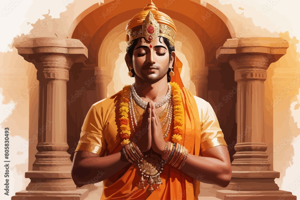 a man 45 year old worshipping lord Krishna in a very ancient temple ...