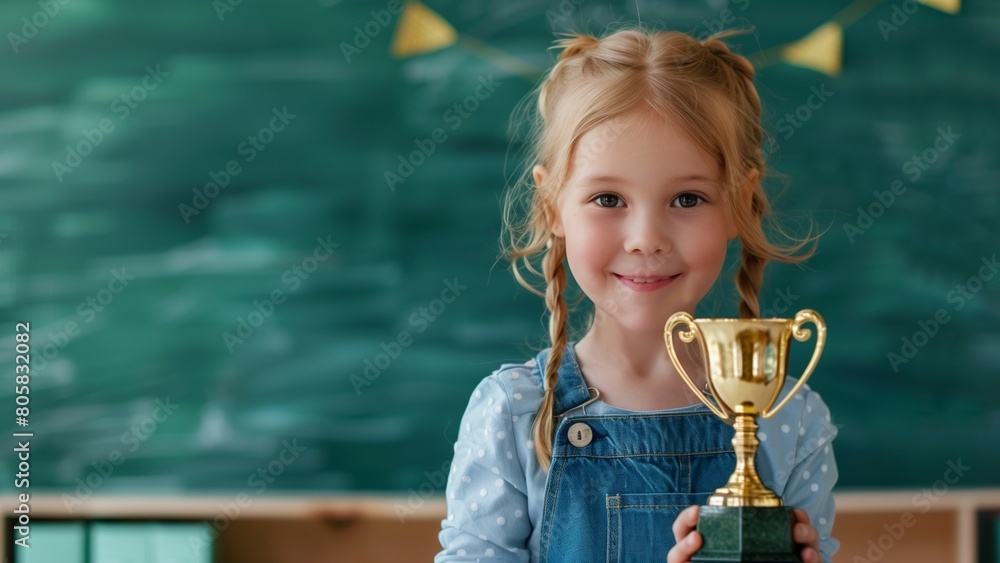 A cute little girl is holding up the golden trophy he won in a ...
