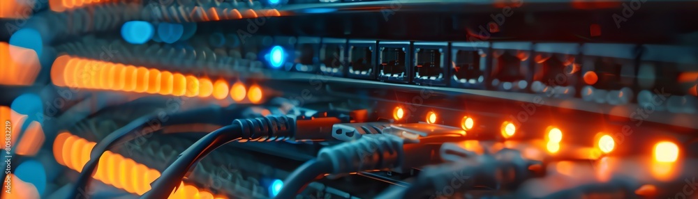 Data center rack, eyelevel, ethernet cables aligned, dynamic angle ...