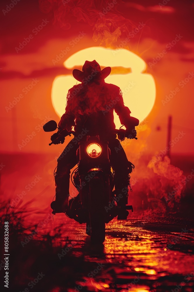 An outline of a cowboy riding a futuristic bike with high-tech ...