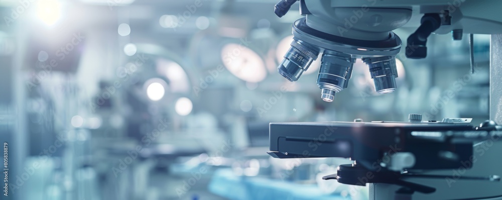 A microscope is shown with a blurry background. Concept of focus and ...