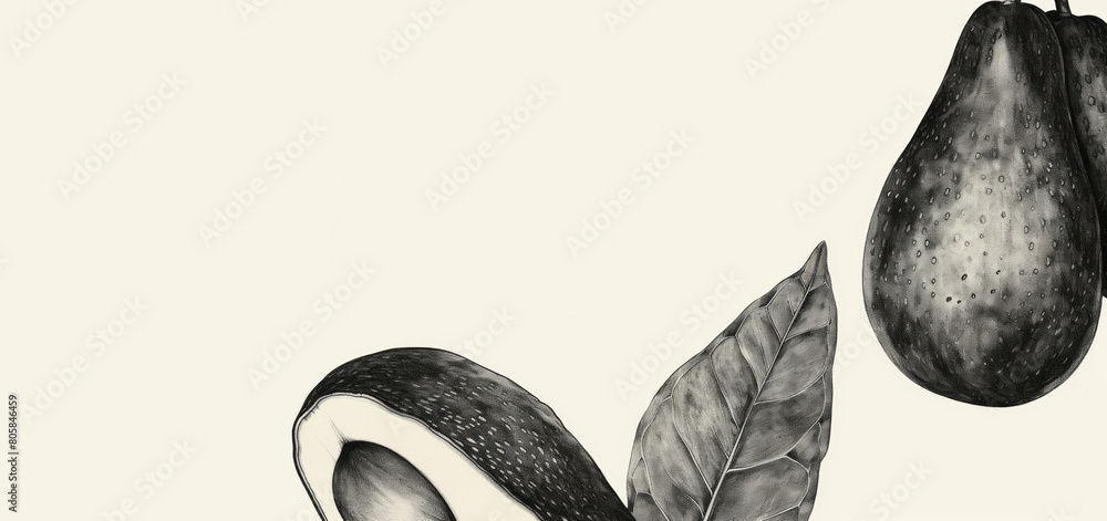 An ink drawing of avocados and a leaf on a white background, minimal ...