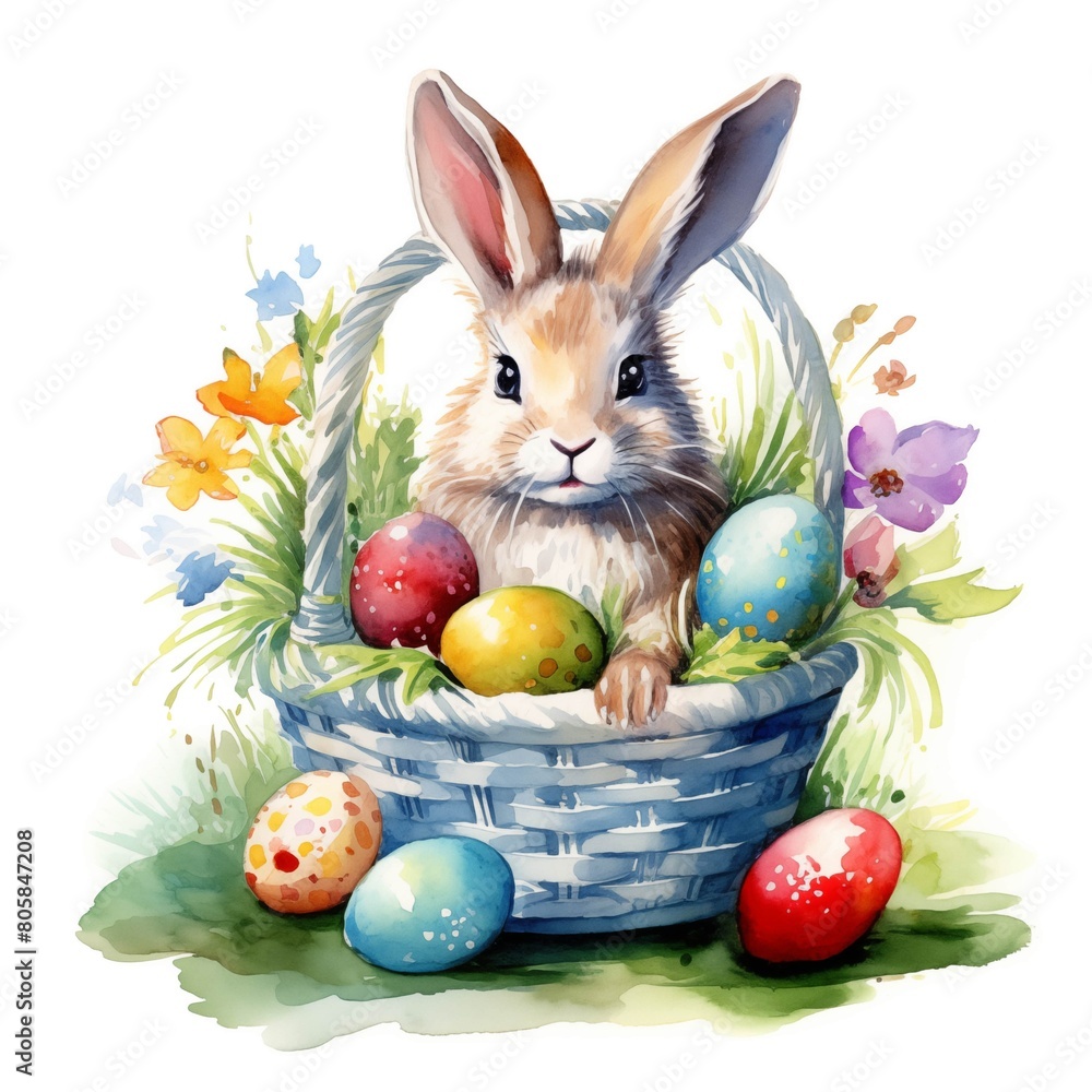 Bunny in basket. Easter basket clipart. Watercolor illustration ...
