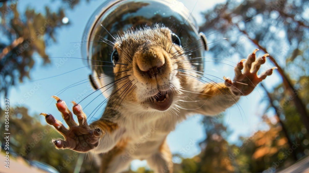 Fish eye photo of realistic squirrel falling with open arms wearing an ...