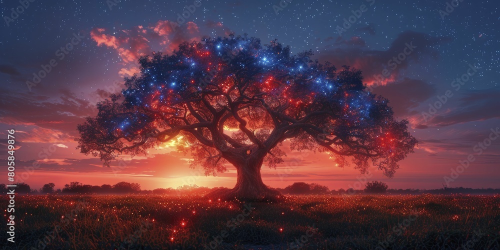 The mystical oak tree glows at dawn with red, white, and blue fairy ...