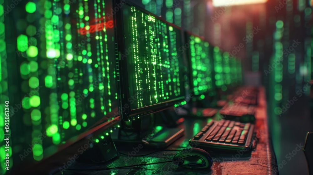 Desktop computers blinking with green text on black screens, tools of ...