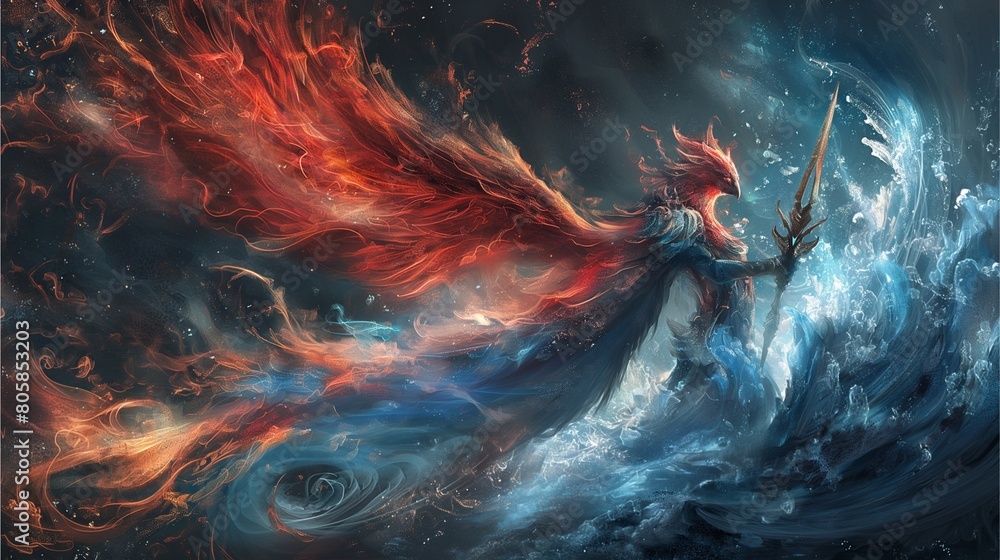 A mythological creature, a red and blue phoenix in armor holding an ...