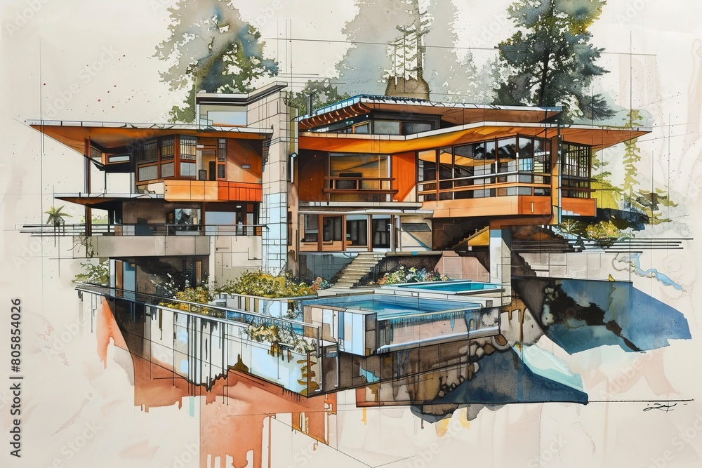 Architects house drawing with detailed floor plan for modern design ...