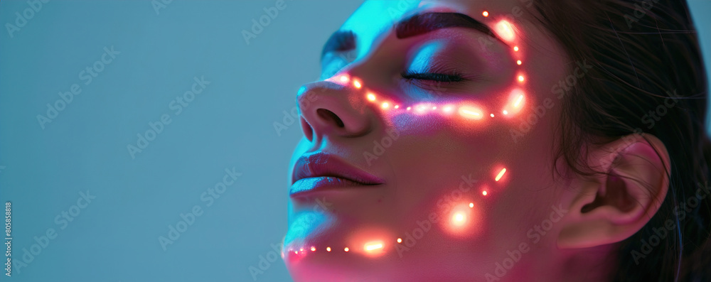 Woman, face and relax in skincare technology on mockup space in hygiene ...