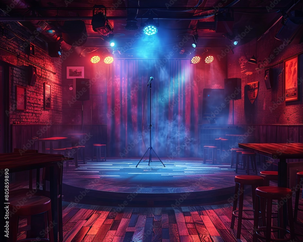 Comedy club interior, wide view, spotlight on stage for a standup ...