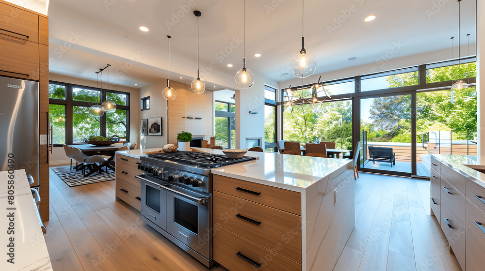 Urban modern kitchen interior, Island, stainless steel appliances, white oak cabinets. Large ...