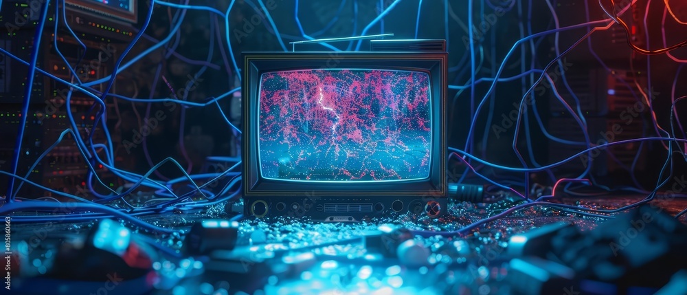 An ancient TV, surrounded by a mesh of neon blue cables, flickers to ...