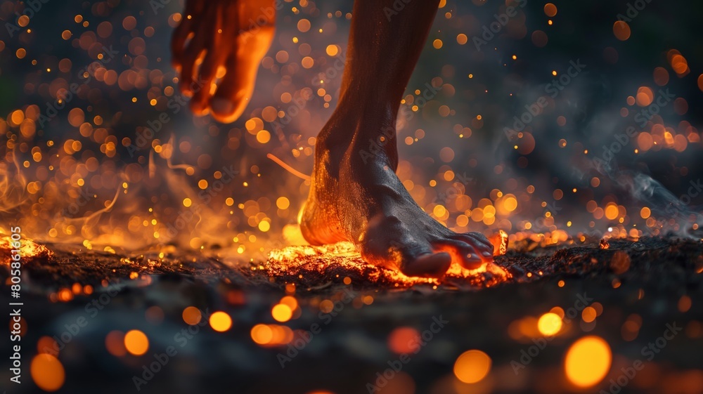 barefoot villager crosses glowing embers in ancient fire-walking ritual ...